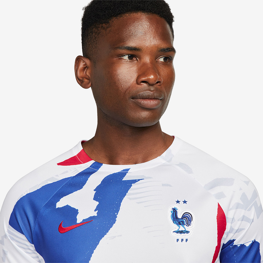 Nike France 22/23 Dri-Fit SS Pre Match Top - White/Game Royal ...