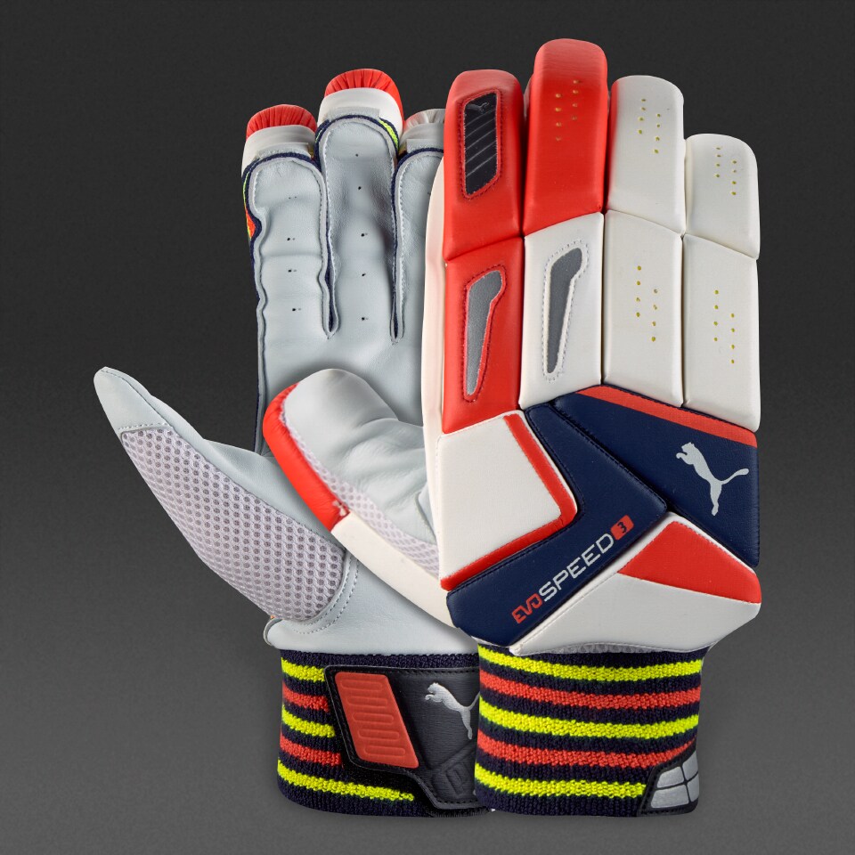 Puma evoSpeed 3 Junior RH Batting Gloves Junior Batting Equipment White Orange Clownfish Safety Yellow Pro Direct Cricket