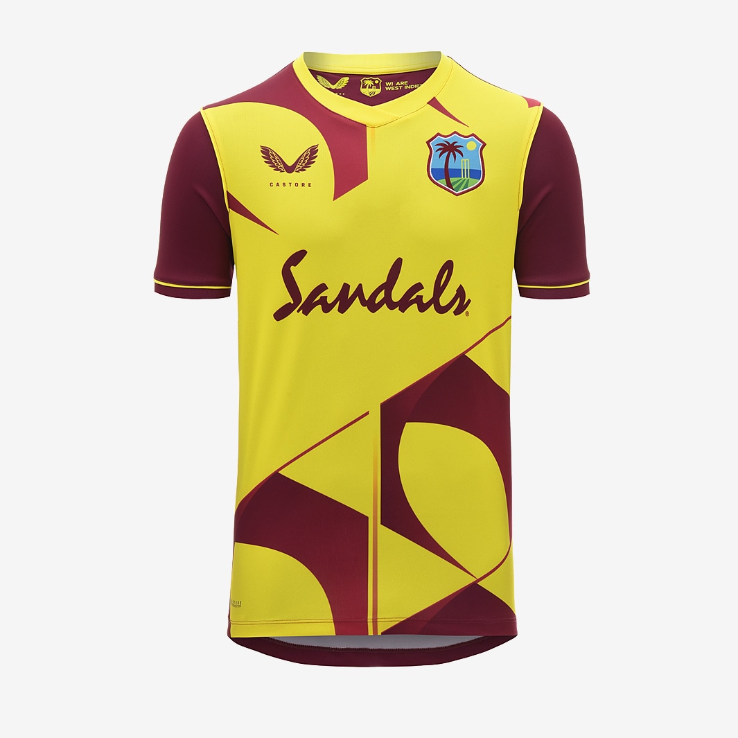 Castore West Indies T20 S/S Playing Shirt - Yellow/ Maroon - Cricket ...