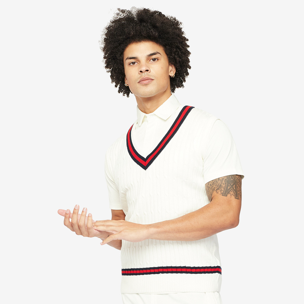Admiral Cable Knit Slipover - White/Navy/Red - Mens Clothing