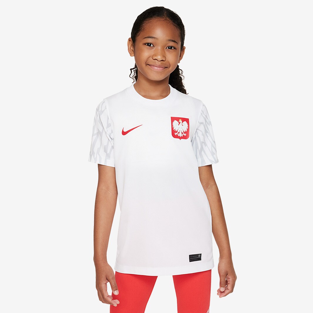 Nike Poland 2023 Kids Dri-Fit Football SS Home Top - White/Sport Red ...
