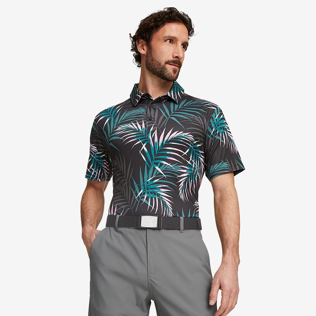Puma Cloudspun Palm Leaf Polo - Puma Black/Green Lagoon - Mens Clothing ...